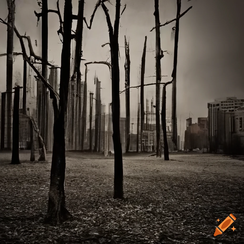 Urban landscape with dead trees on Craiyon