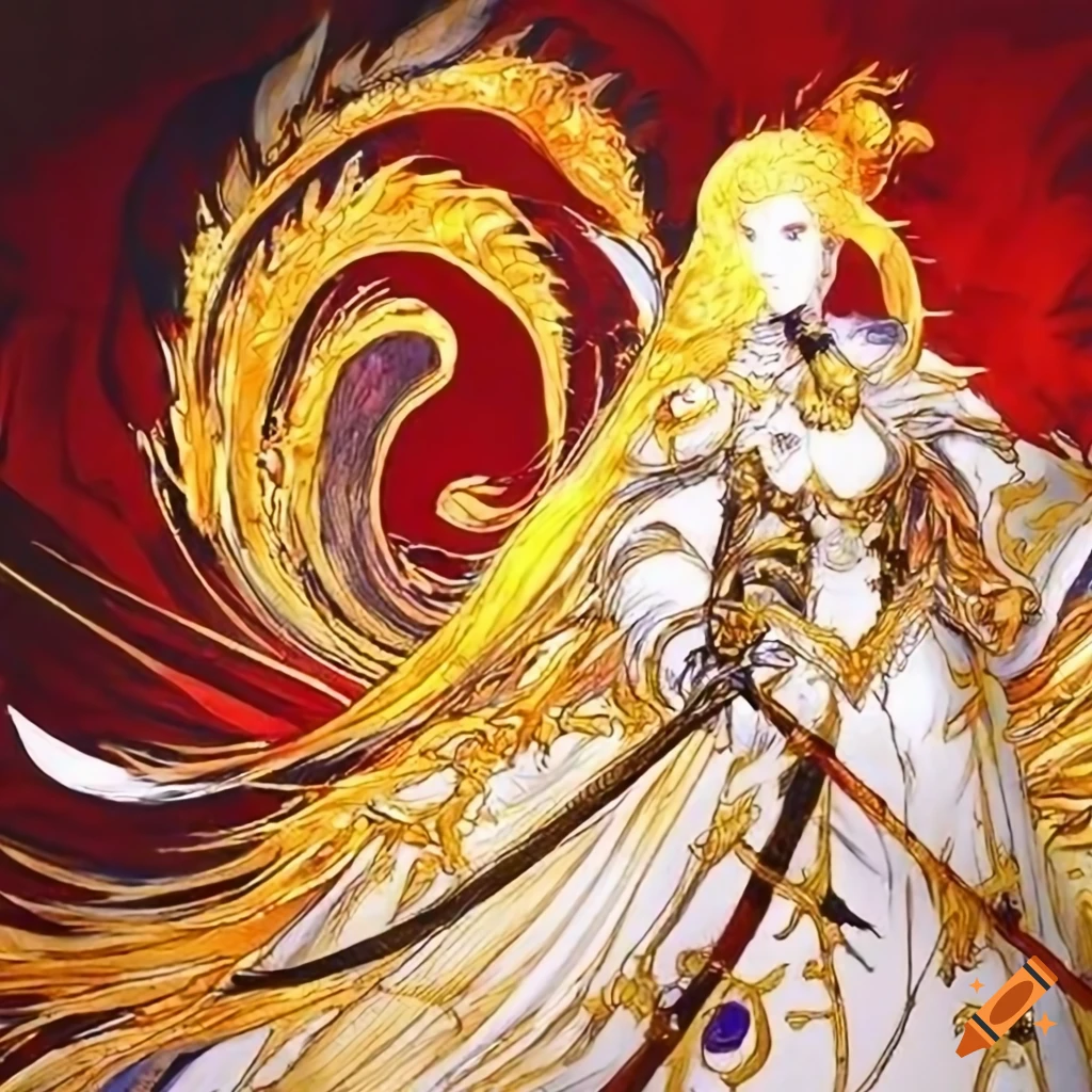 Imperial fire queen armored cleric priestess in majestic dress floating ...