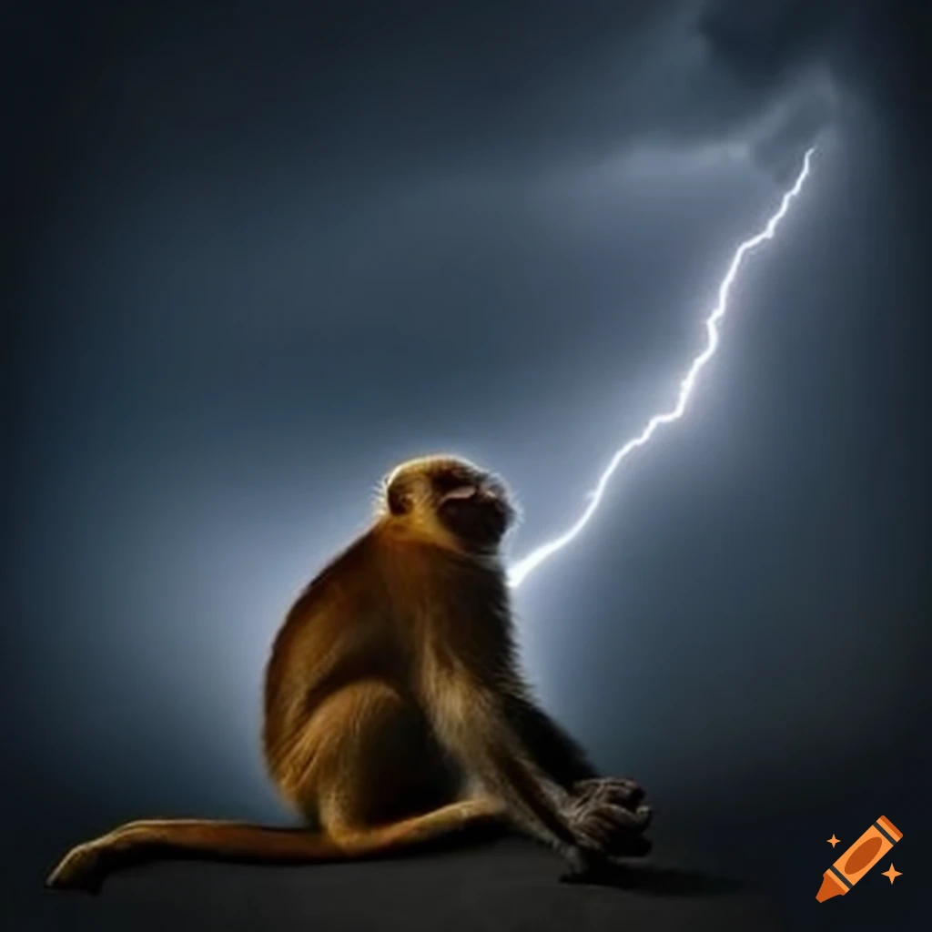 Mythical monkeys in the jungle during a thunderstorm on Craiyon