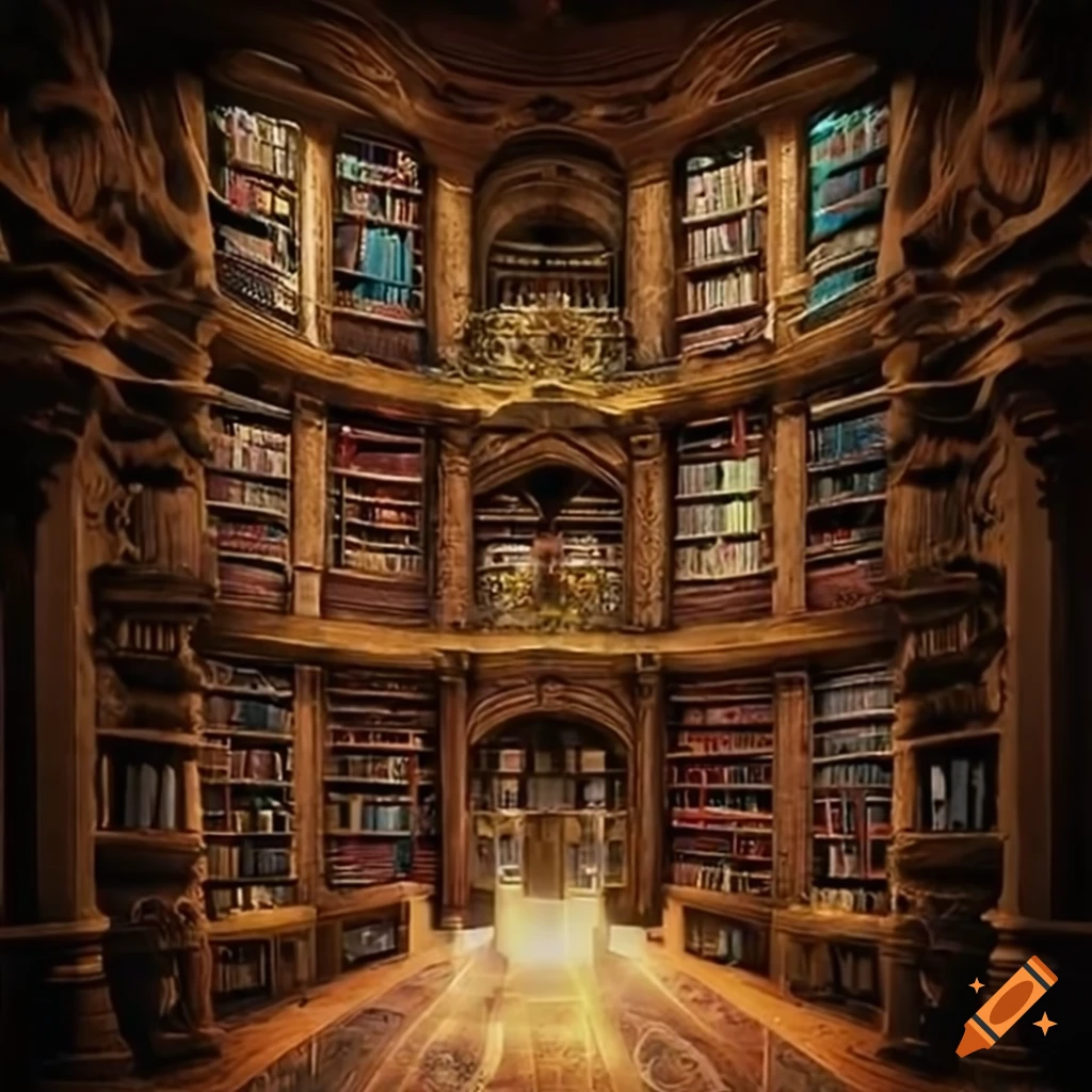 Fantasy library with open entrance and stacked balconies on Craiyon