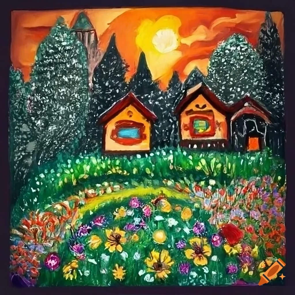 Dark mood naive painting of a cozy village house with a beautiful ...