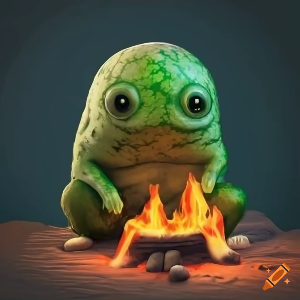Happy blob creature resembling a mottled green watermelon skin next to ...