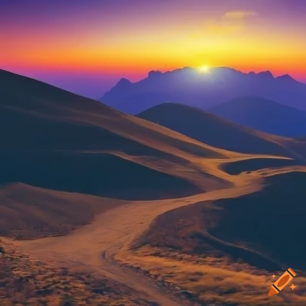 Stunning sunset with intersecting mountain paths and landscapes on Craiyon