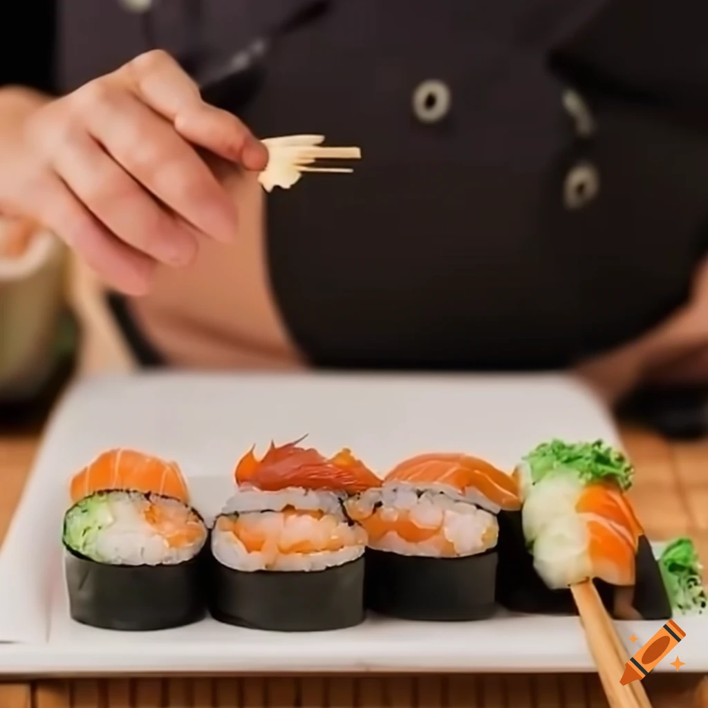 Female chef preparing maki sushi on Craiyon