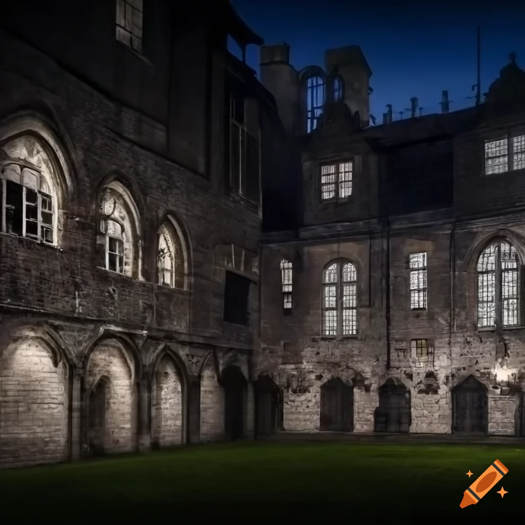 Spooky old English courtyard at night in HD quality on Craiyon