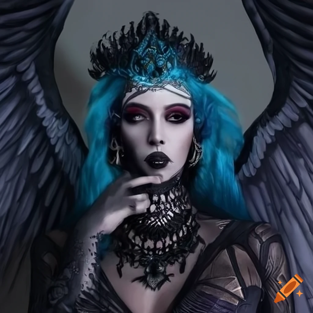 Gothic queen with vulture wings, dark skin, blue hair, and intense gaze ...