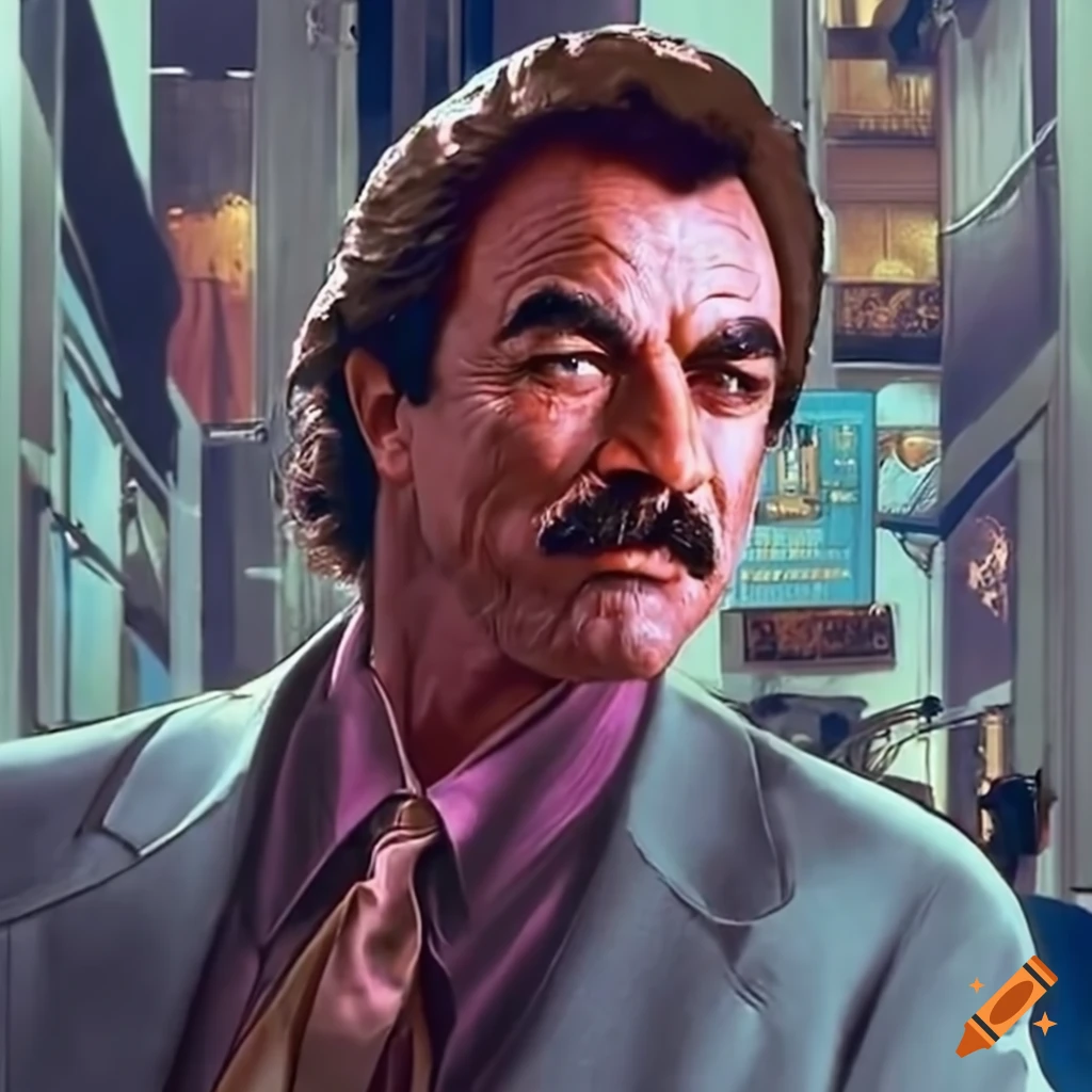 Tom Selleck as Detective Sonny Crockett in Miami Vice on Craiyon