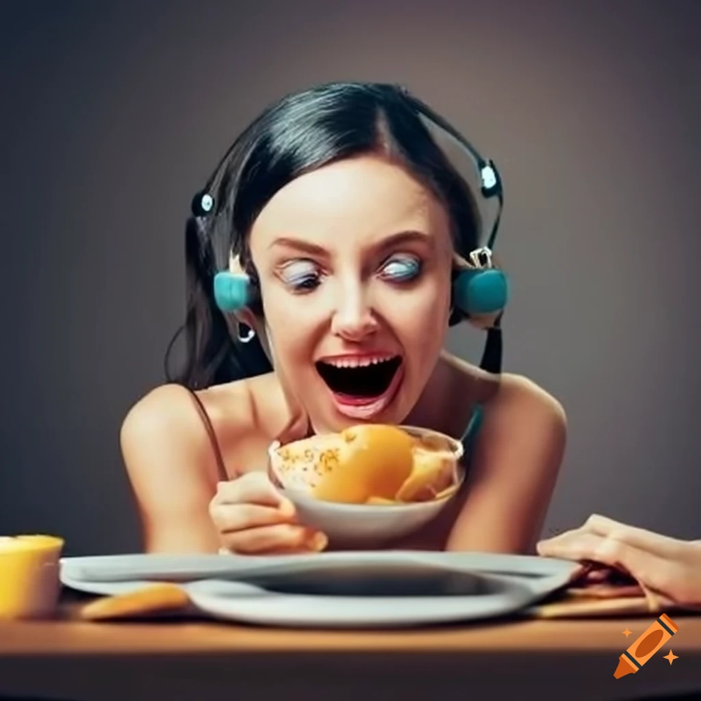 Happy customer enjoying breakfast while using a computer on Craiyon