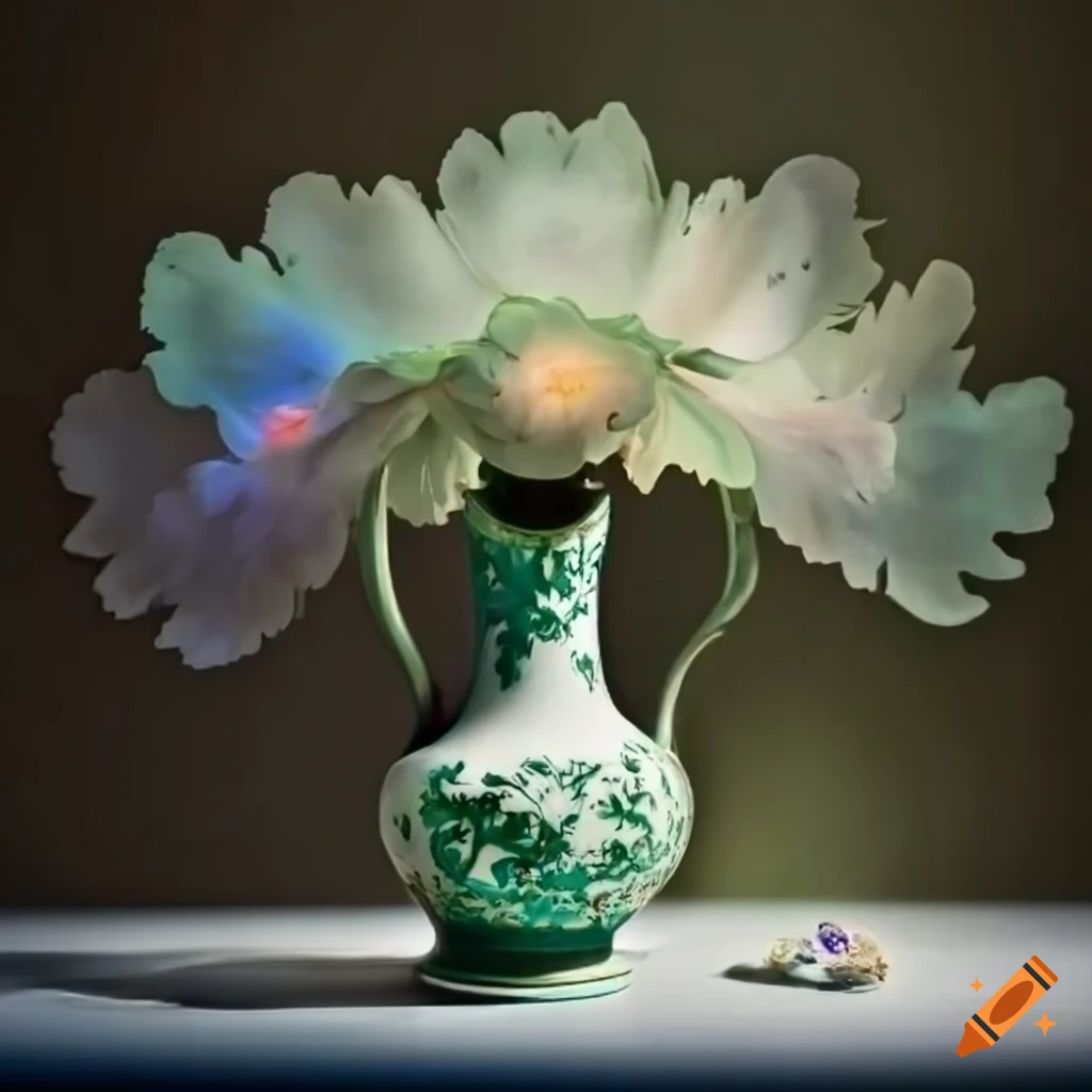 Ornate white and green Chinese vase with radiant flowers in dramatic ...