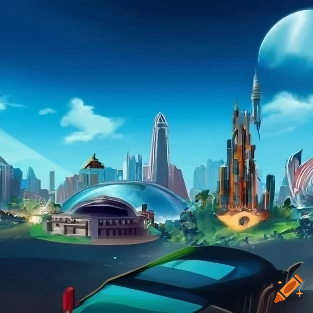 Alien world landscape with unique buildings and vehicles on Craiyon