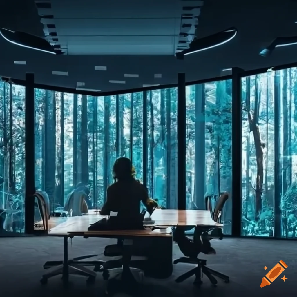 Innovative office with virtual forest views on LED screens on Craiyon