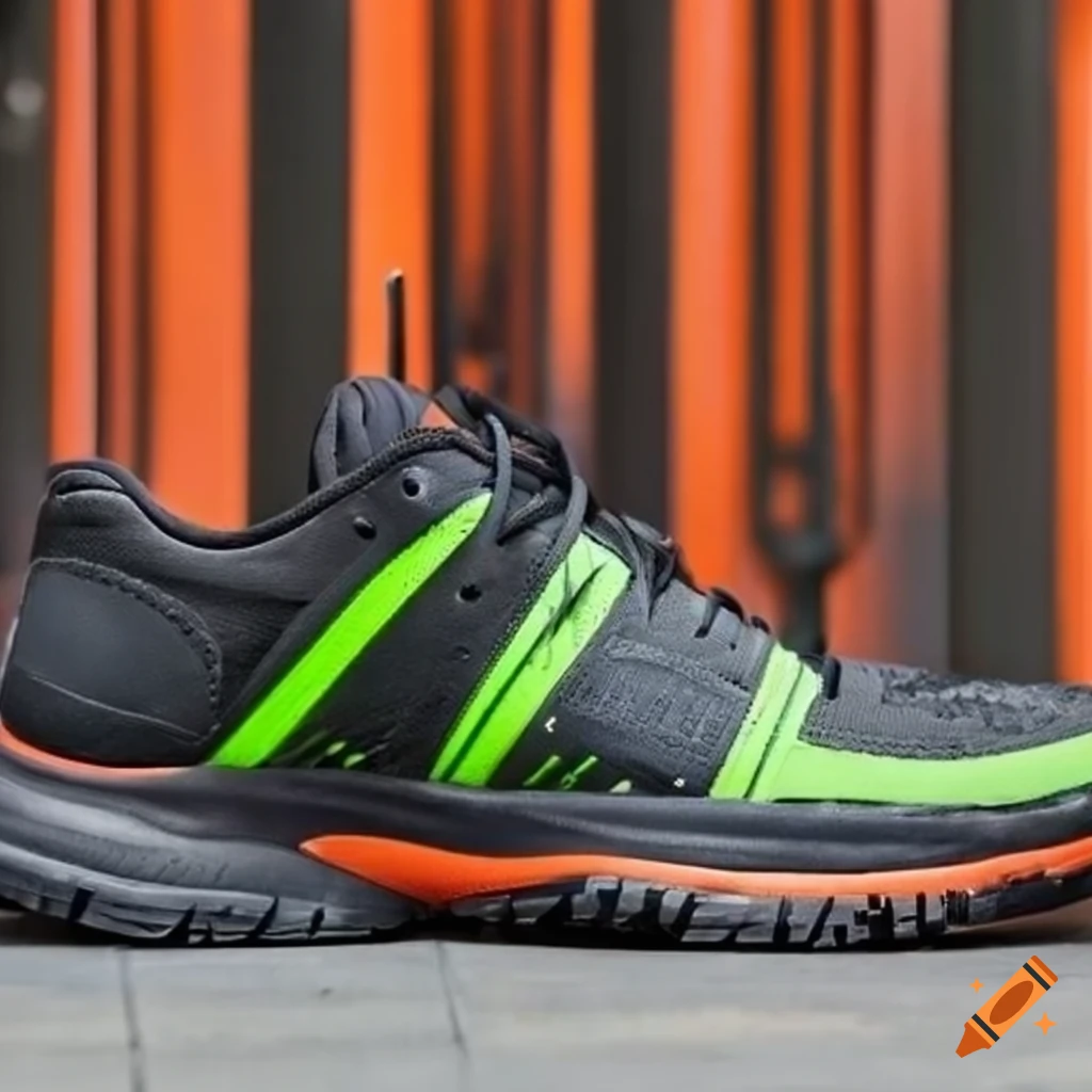 Black, orange, and green tire tennis shoe with unique tire sole on Craiyon