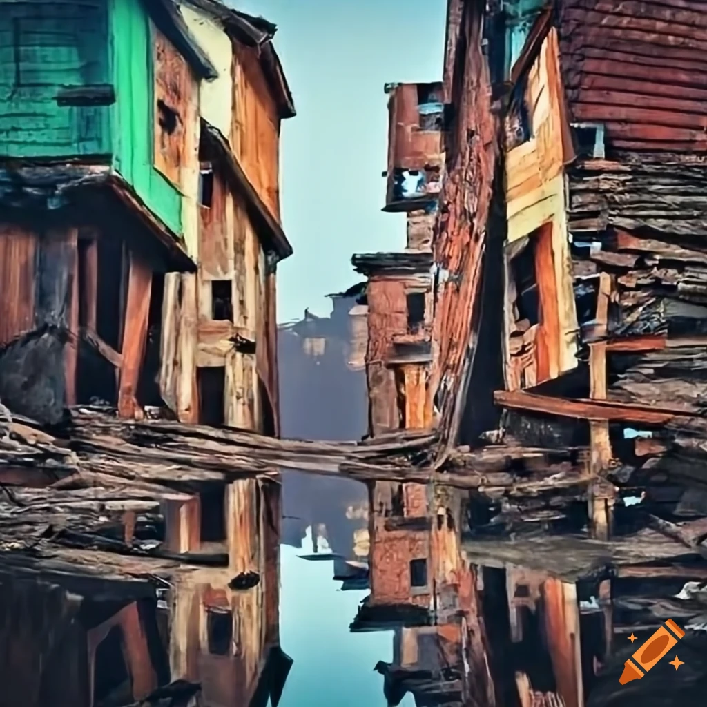 City slums with buildings on stilts by a lake, featuring stone, wood ...