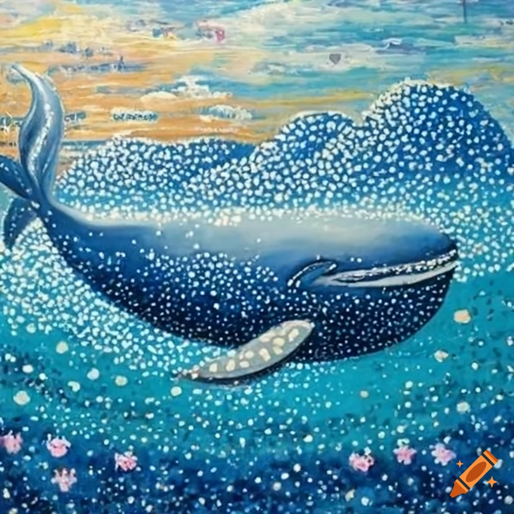 Whale surrounded by hearts and bubbles in pointillism style by Greg ...