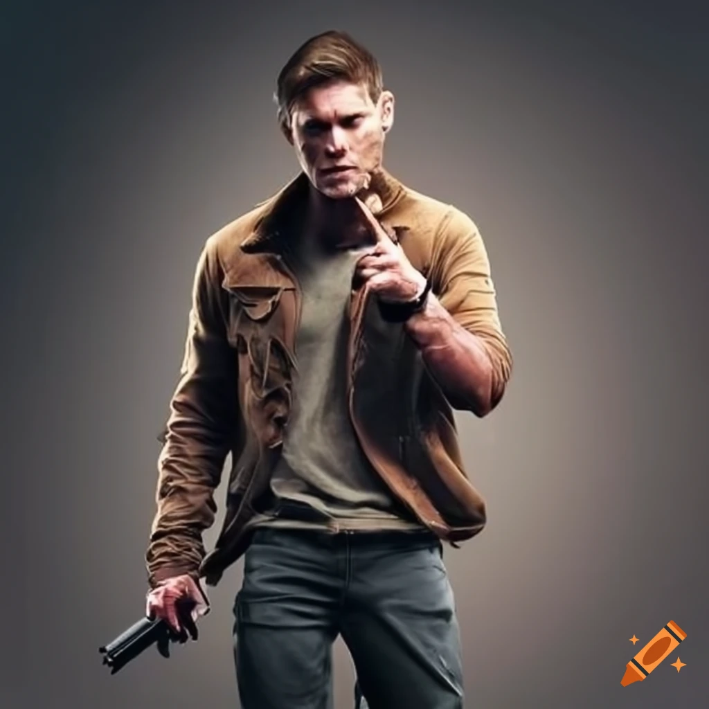 Dean Winchester in a dramatic pose holding a gun on Craiyon