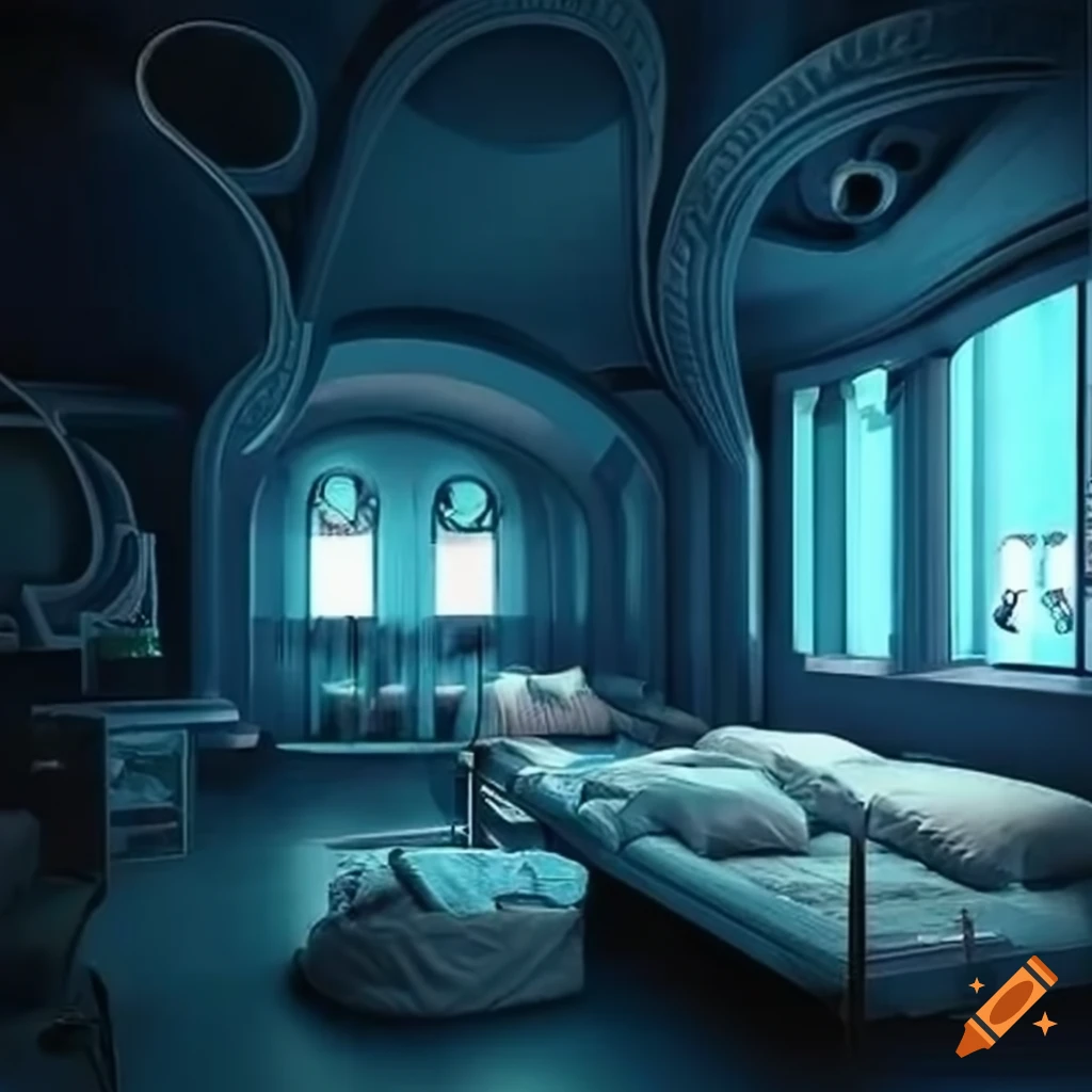 Futuristic school interior with a beautiful and cozy dorm bedroom on ...