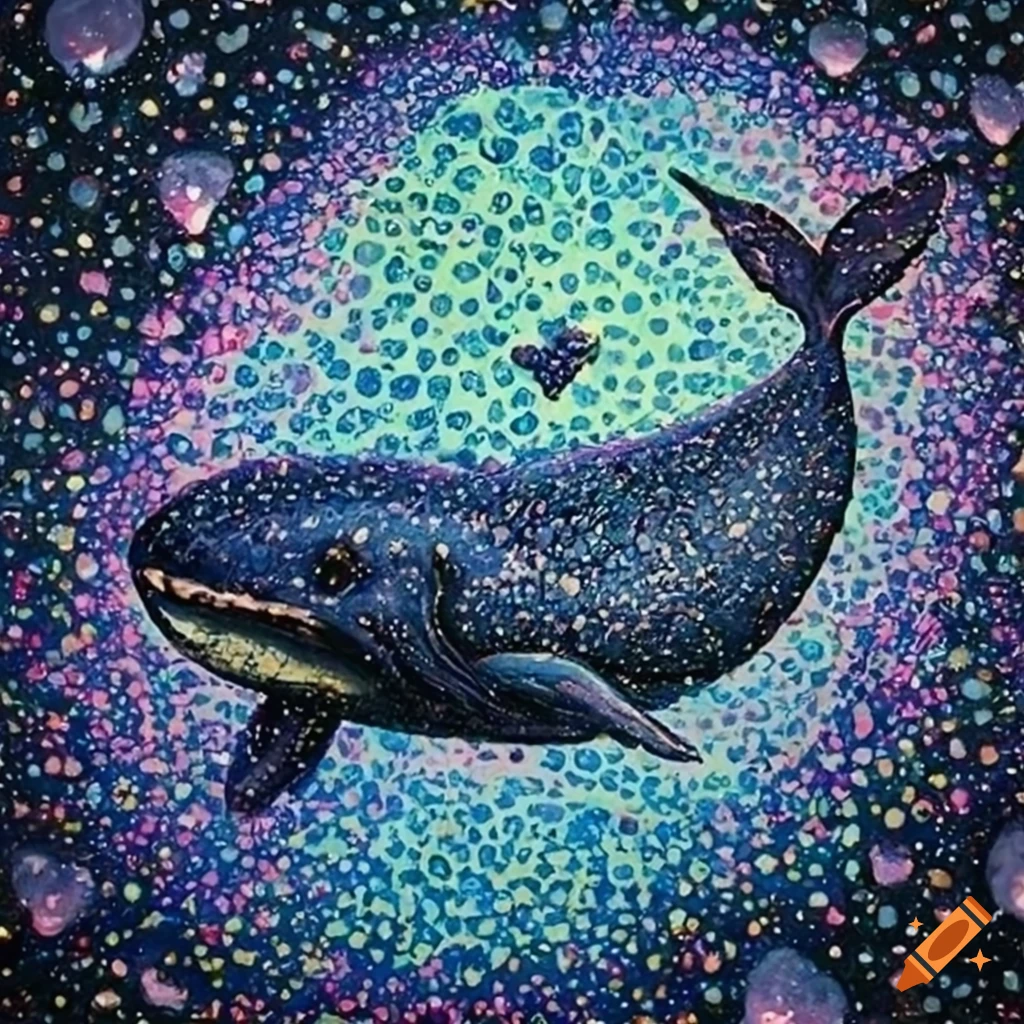 Whale surrounded by hearts and bubbles in a pointillism style by Greg ...