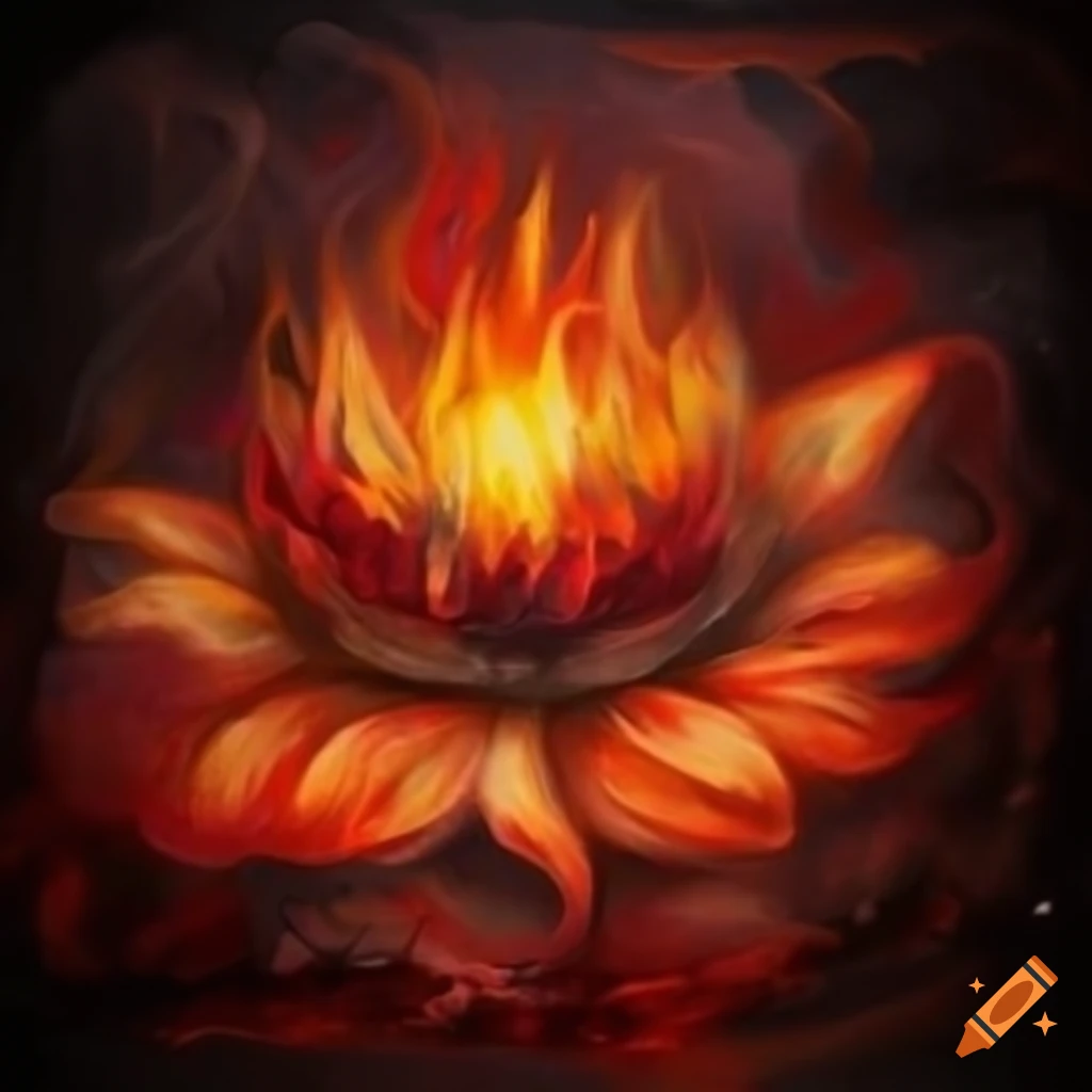 Fire flower with detailed flame petals in dark fantasy art on Craiyon
