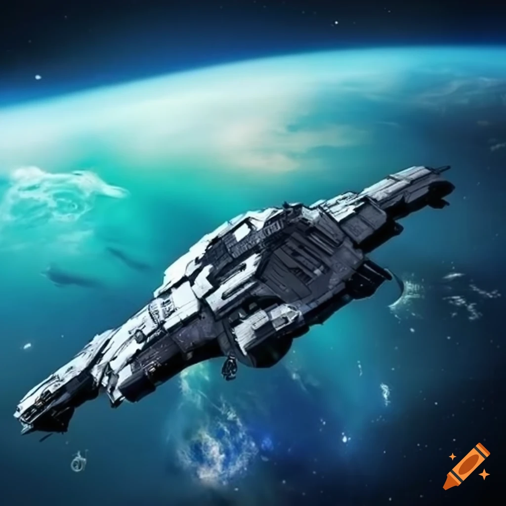 Sci-fi spaceship seen from behind next to a planet on Craiyon