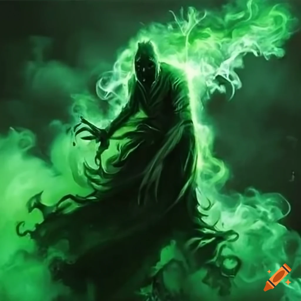 Green smoke demon with dark magic in a sinister fantasy art on Craiyon