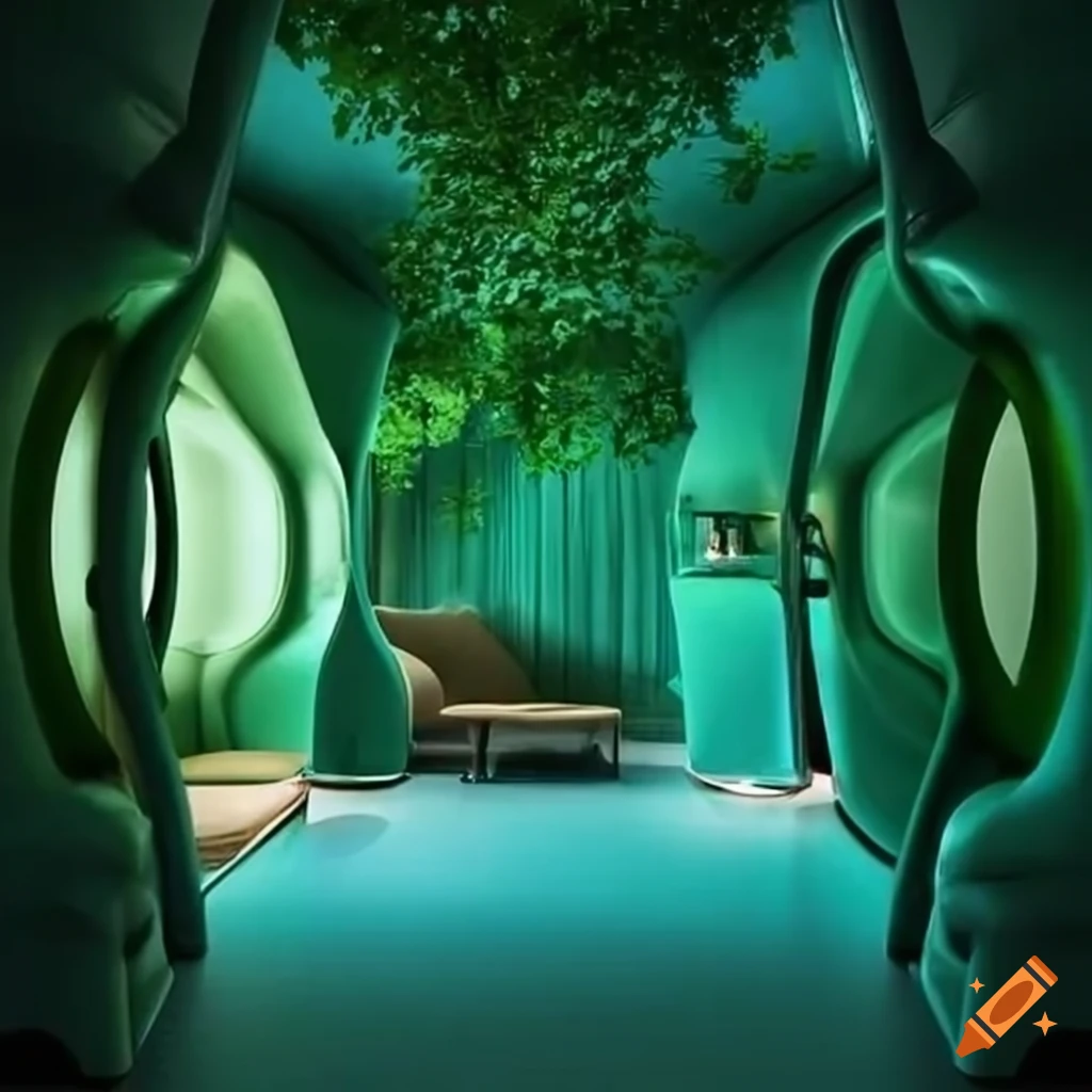 Futuristic capsule office with forest theme on Craiyon