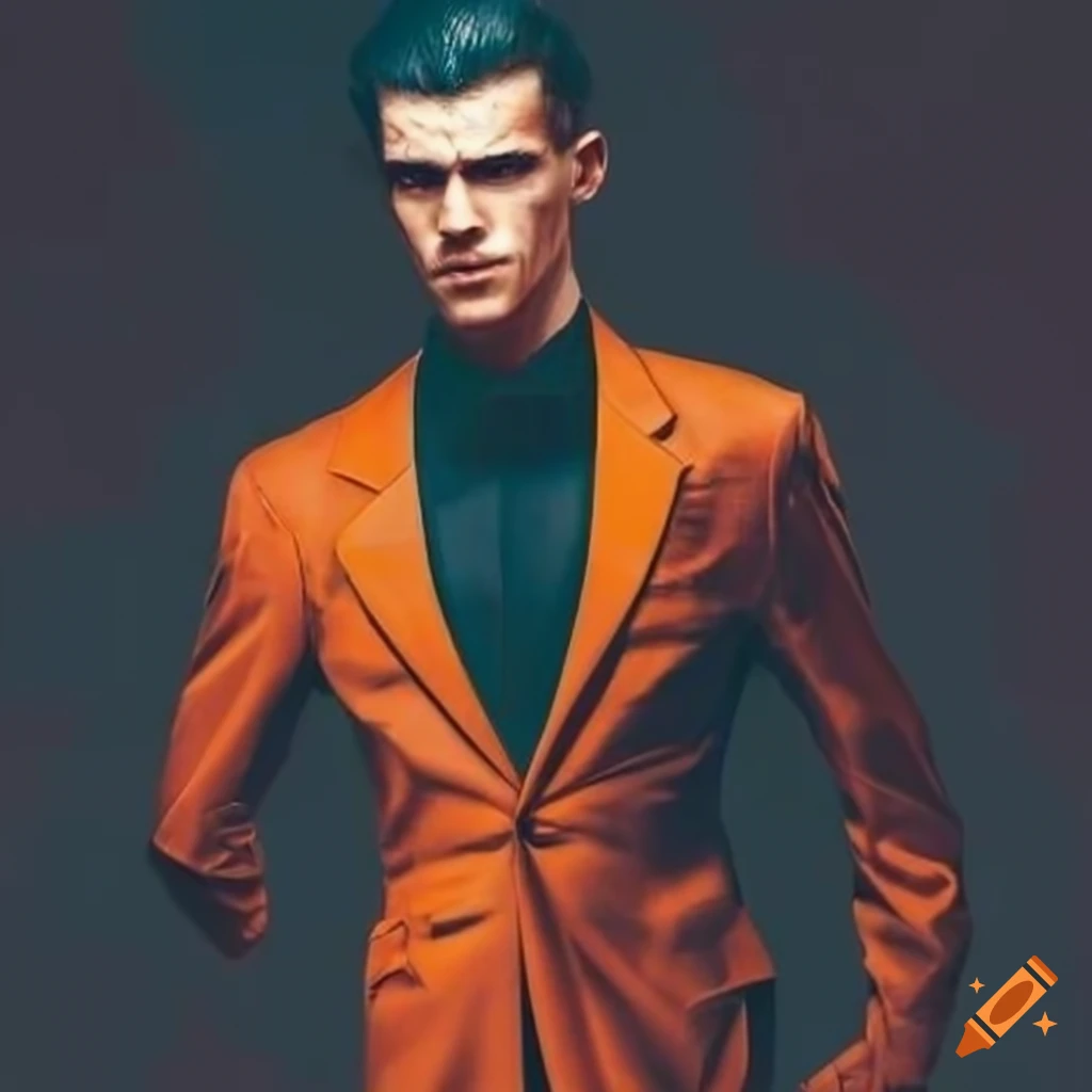Man in modern dark orange suit with a villainous underground style on ...