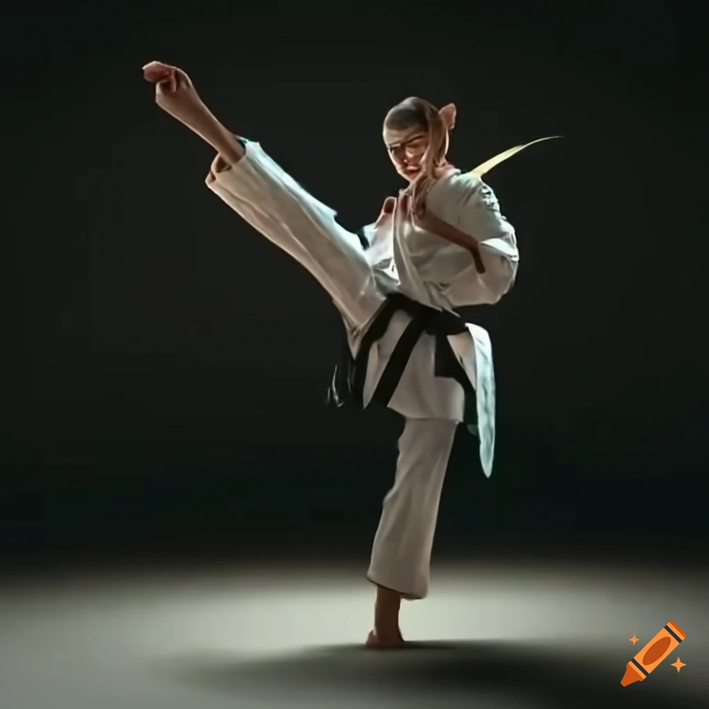 Wood elf showcasing high kick in karate uniform on Craiyon