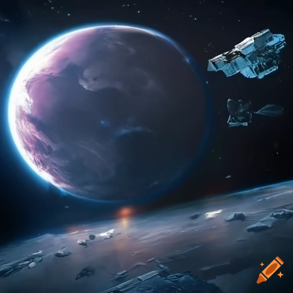 Space ship docking at a sci-fi space station next to a planet on Craiyon