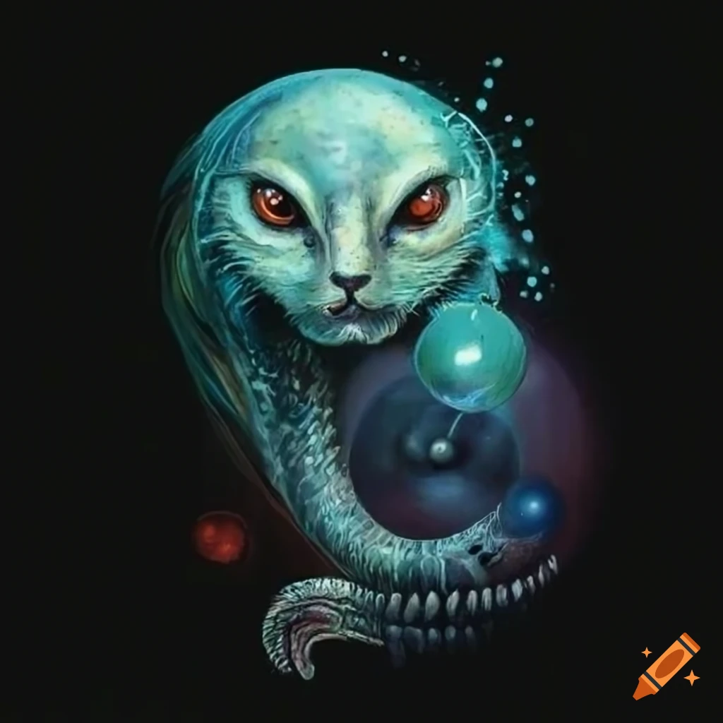 Vintage sci-fi illustration of a unique alien feline creature on Craiyon