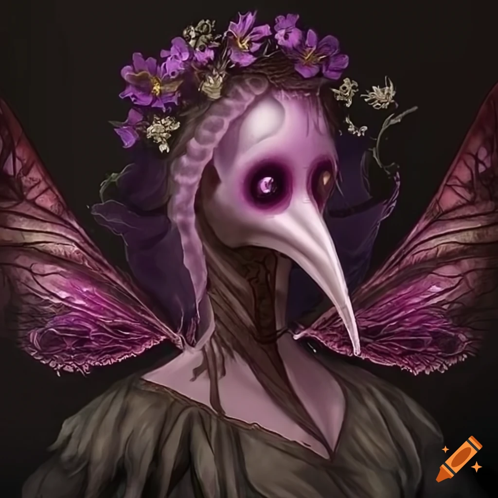 Plague doctor and fairy with moth wings and belladonna flowers on Craiyon