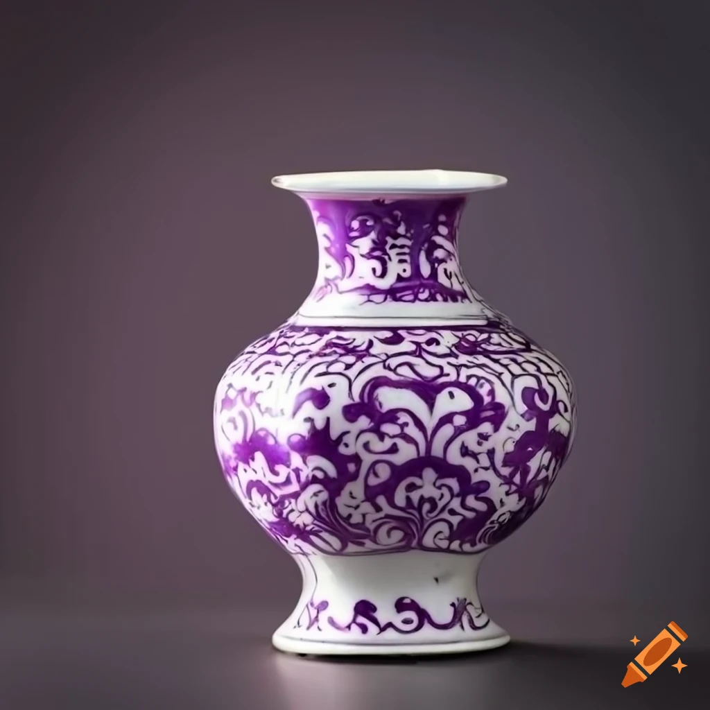 Detailed Chinese vase with purple and white patterns under warm light ...