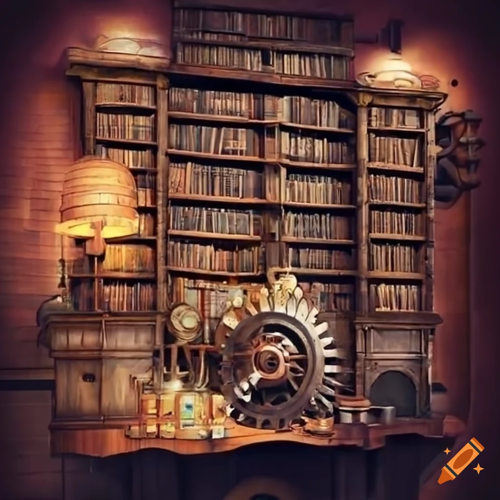 Steampunk library with floating visitors on steam-powered contraptions ...
