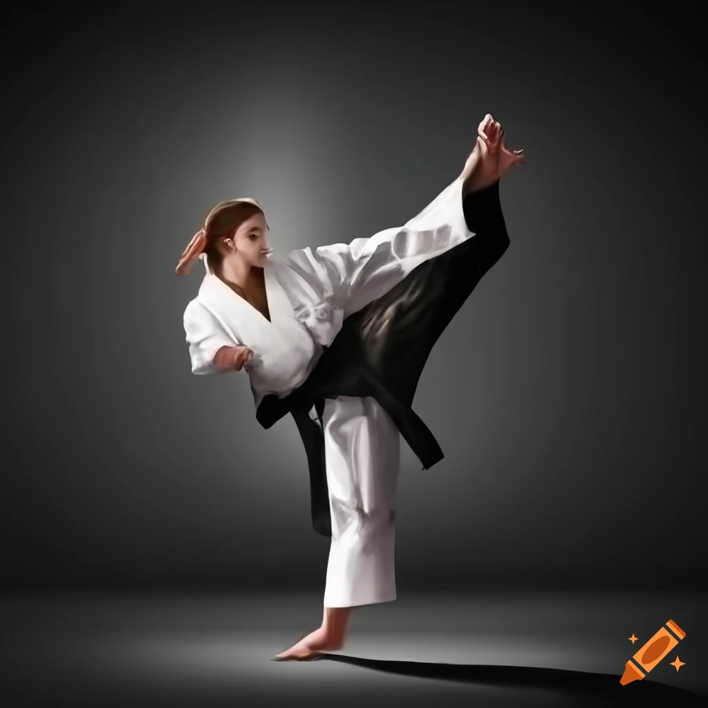 Agile wood elf performing a high kick in karate uniform on Craiyon