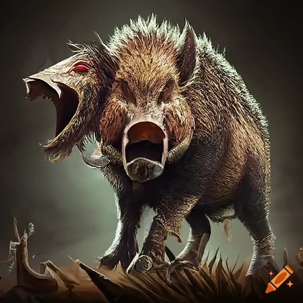 Armored wild boar in a cave lair on Craiyon