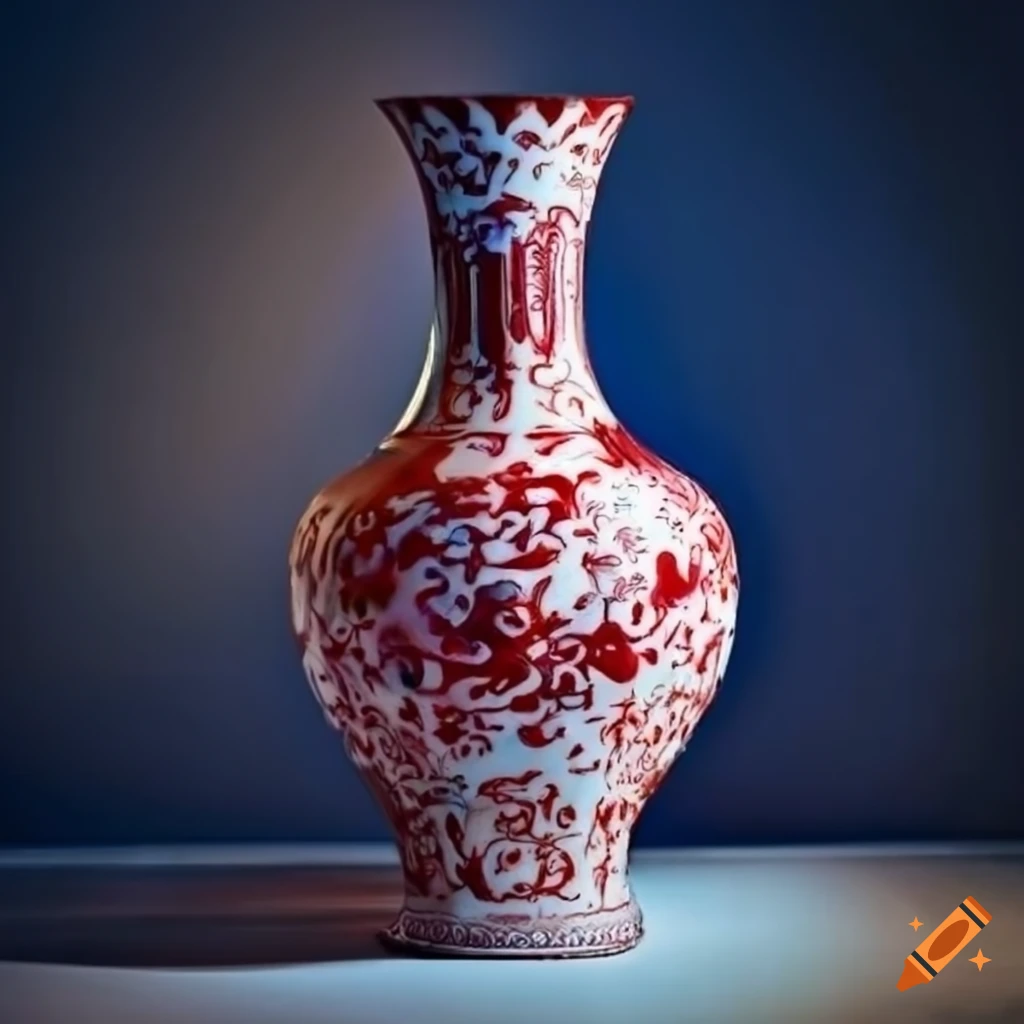 Ornate red and white Chinese vase with radiant flowers in artistic ...