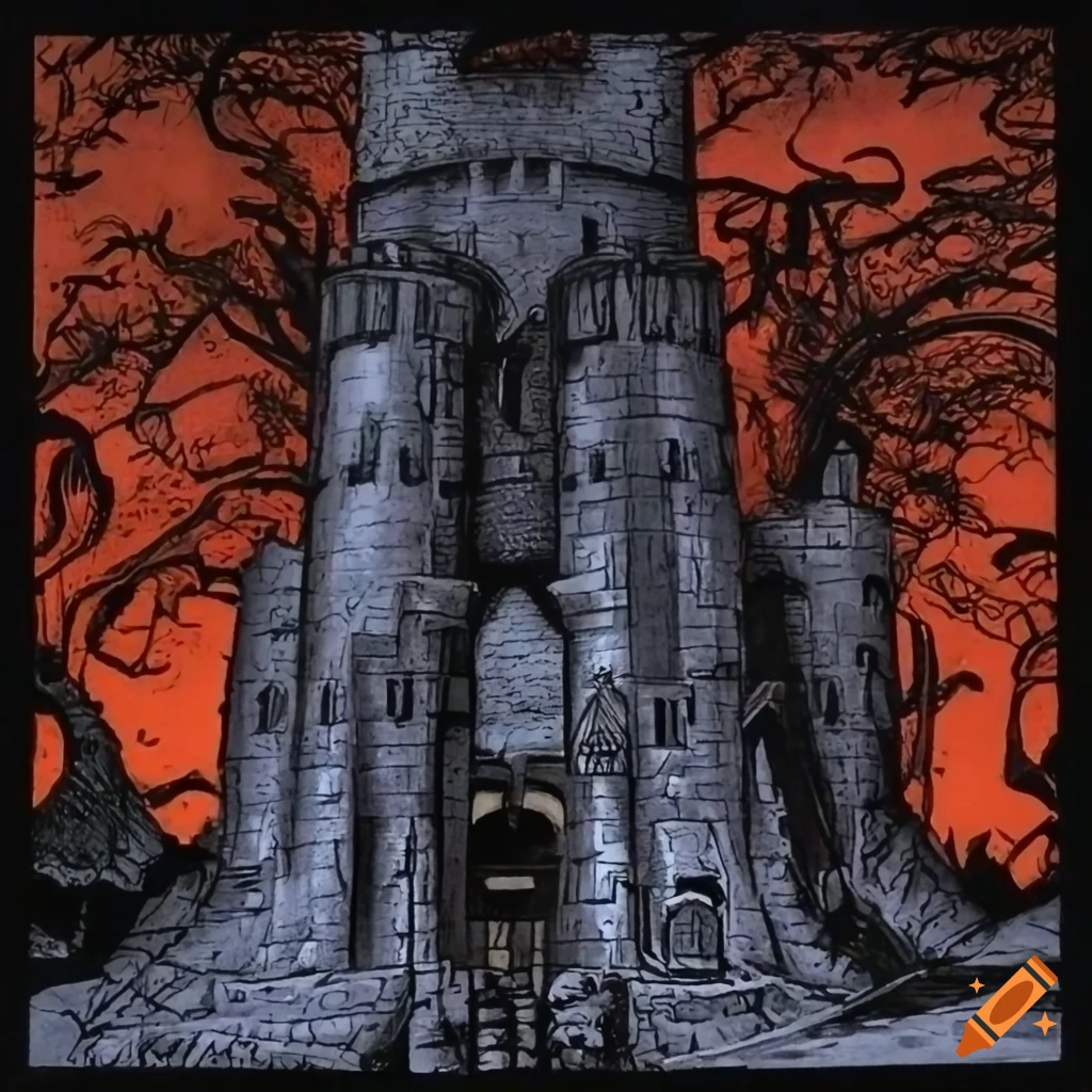 Medieval knight's castle with battlements and gatehouse tower in a dark ...