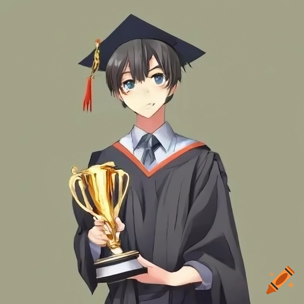 Male academic student in graduation attire with a golden trophy, anime ...
