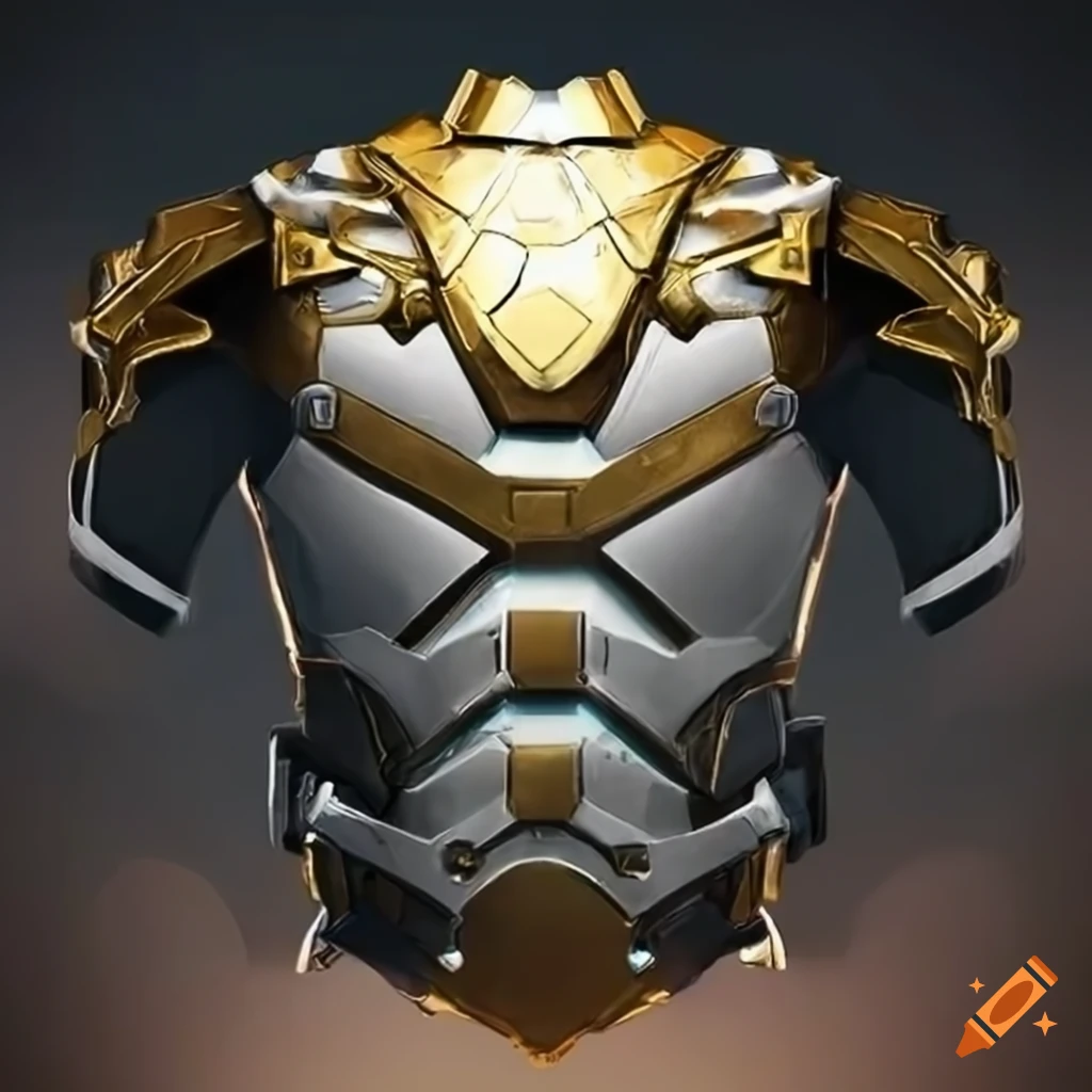 Sci-fi white and gold superhero armor chest plate design on Craiyon