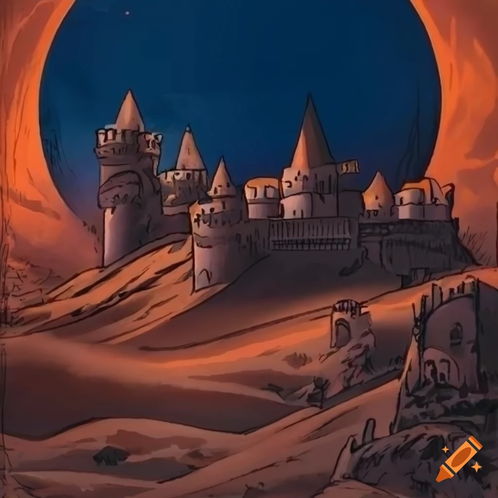 Desert sandstorm with medieval castle in comic book style under ...