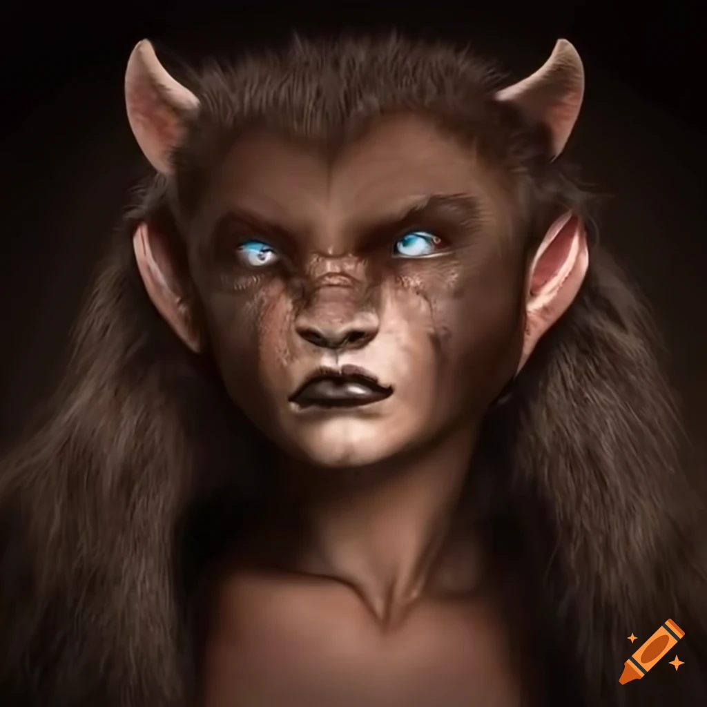 Female beast with dark brown fur, light blue eyes, and sharp teeth on ...