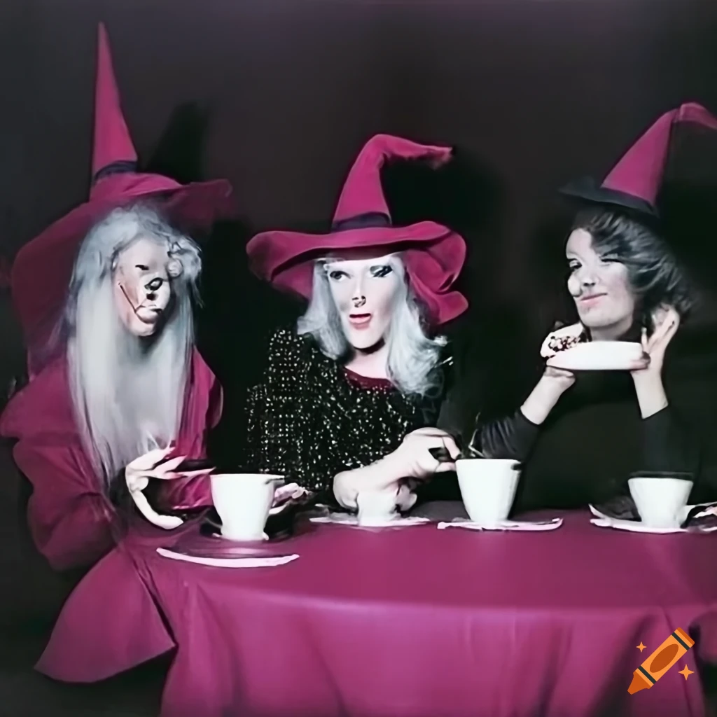 Vintage 50s photo of three witches with long hair drinking coffee on ...