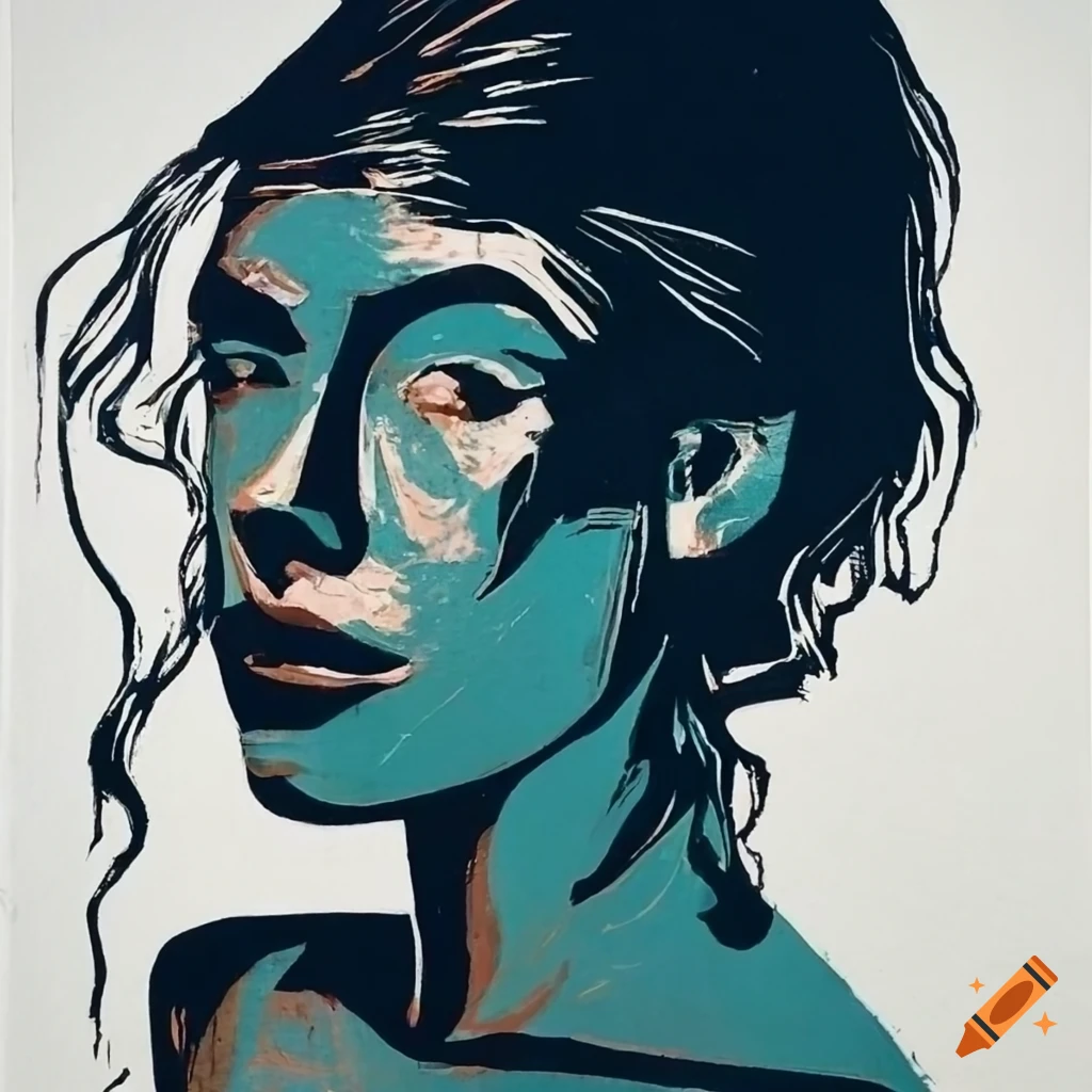 Modern portrait of a female in linocut style on Craiyon