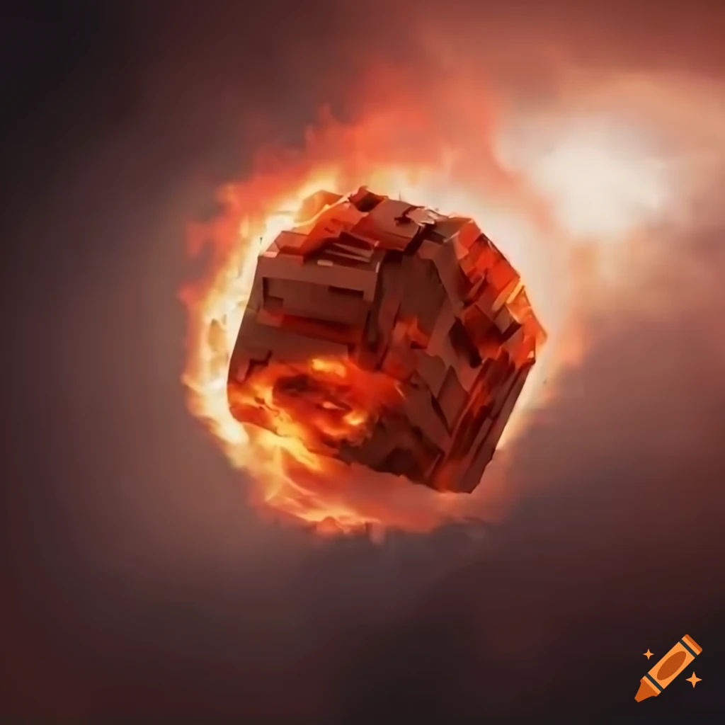 Brown cube with red circle inside fireball falling in post-apocalyptic ...