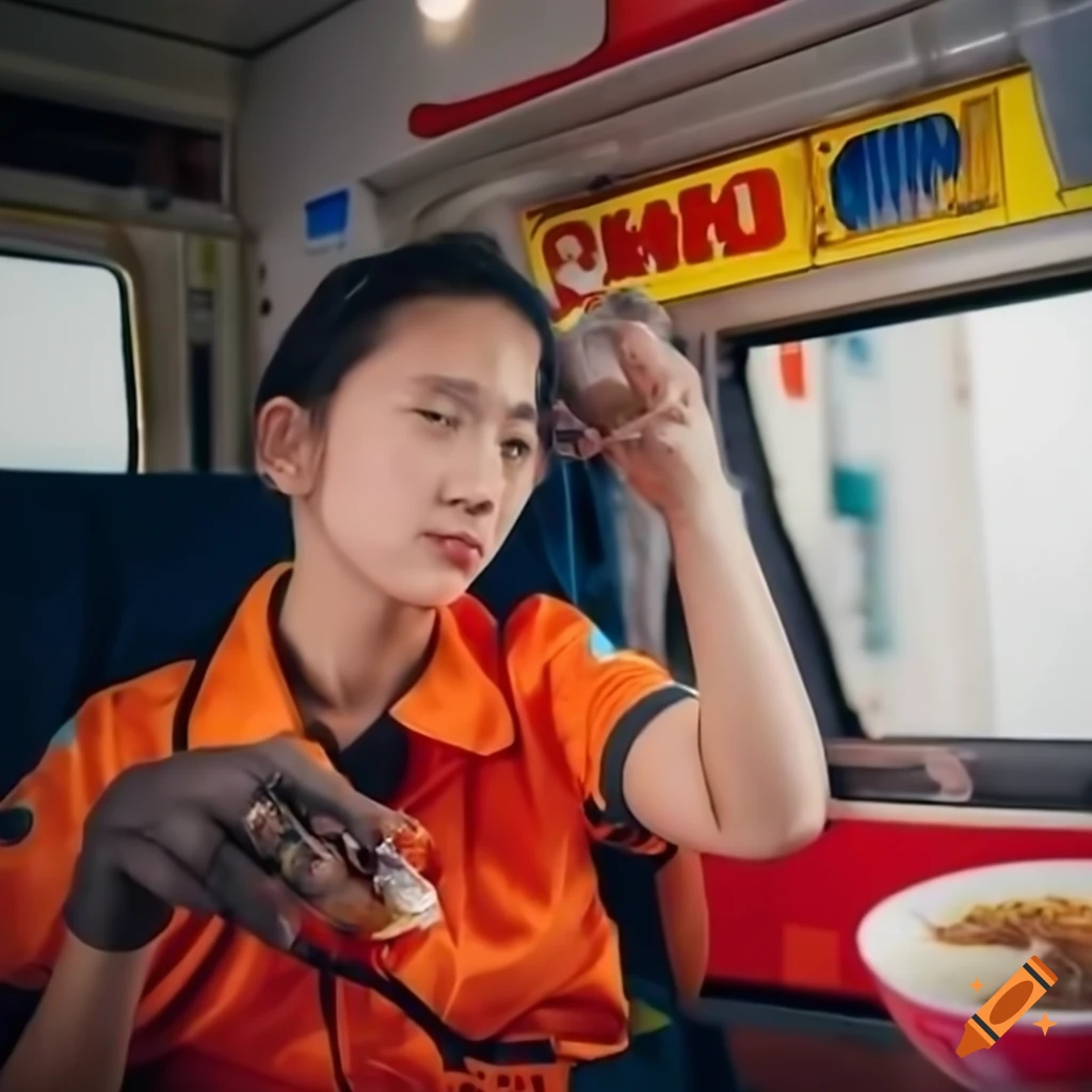 Young female paramedic eating spicy ramen buldak in an ambulance on Craiyon