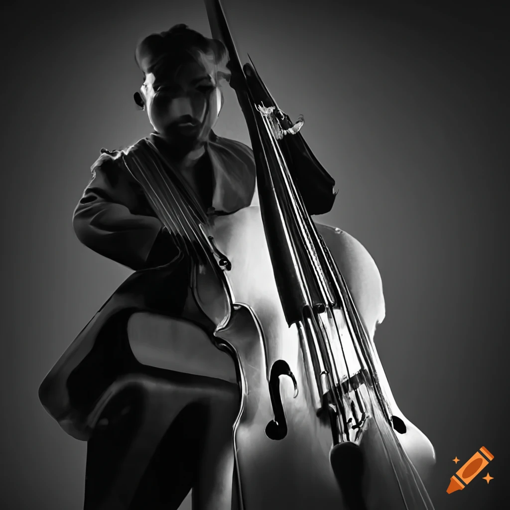 Cow playing upright bass in black and white on Craiyon