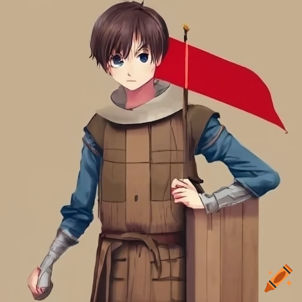 Male university student in cardboard medieval costume with red flag on ...