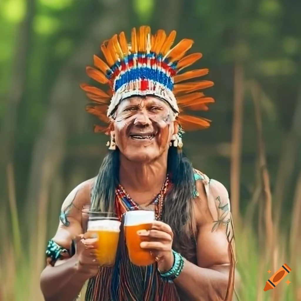Indigenous man in traditional attire enjoying a drink in nature on Craiyon