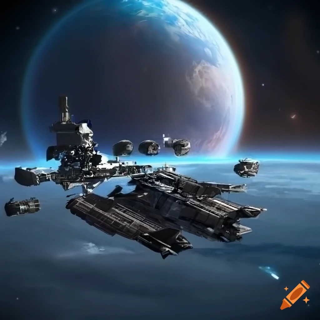 Space ship docking at a sci-fi space station near a planet on Craiyon