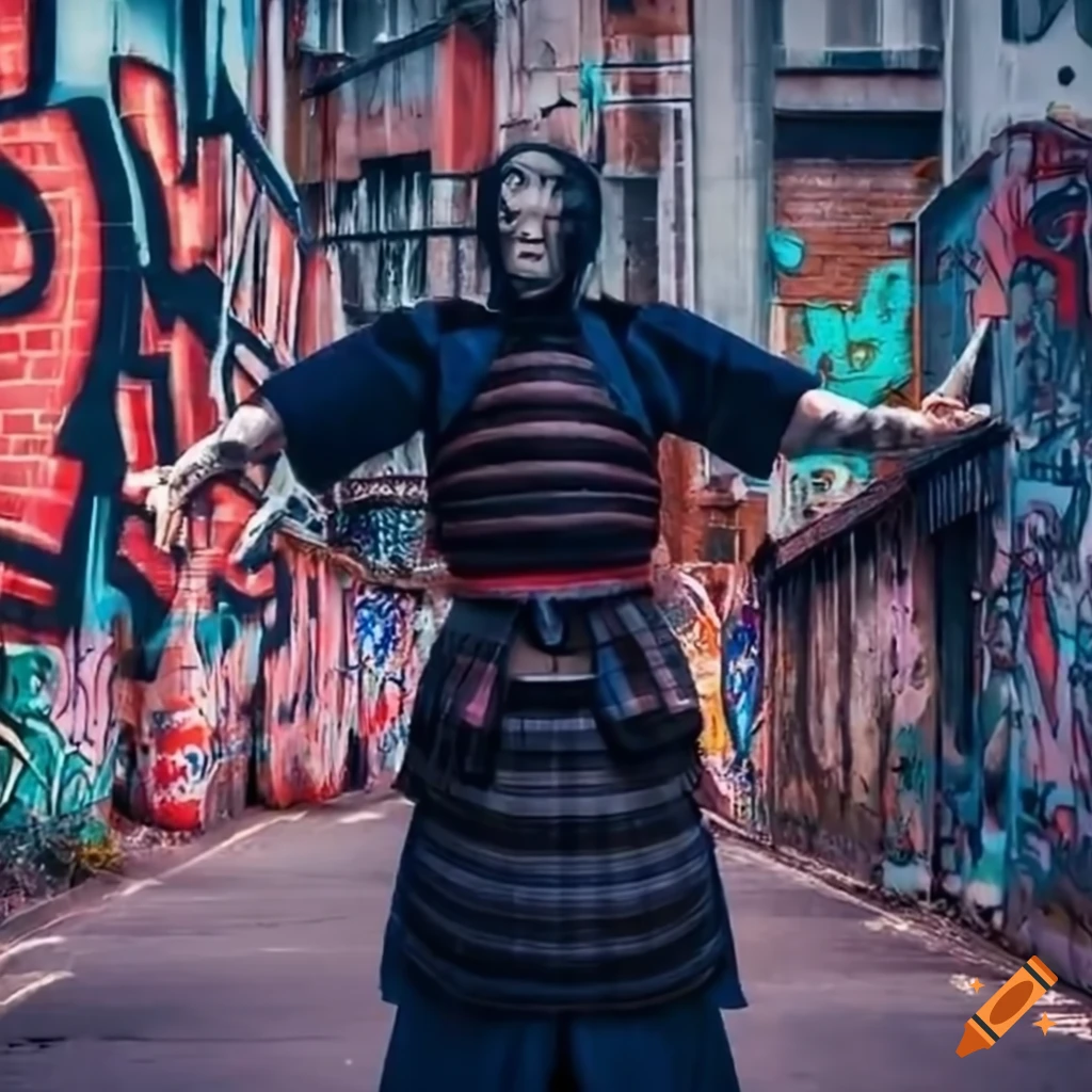 Kendo fighters in a graffiti-covered street on Craiyon