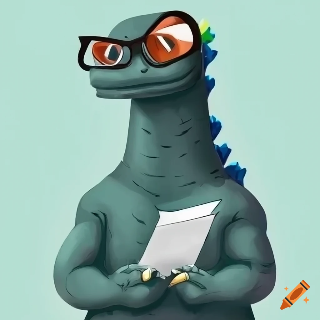 Nerdy Godzilla with glasses, pen, and paper in a cartoon style on Craiyon